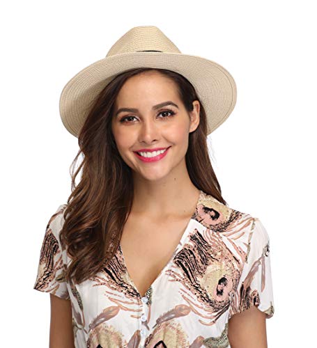 Lanzom Women Wide Brim Straw Panama Roll up Hat Fedora Beach Sun Hat UPF50+ (Khaki) One Size