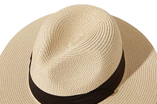 Lanzom Women Wide Brim Straw Panama Roll up Hat Fedora Beach Sun Hat UPF50+ (Khaki) One Size