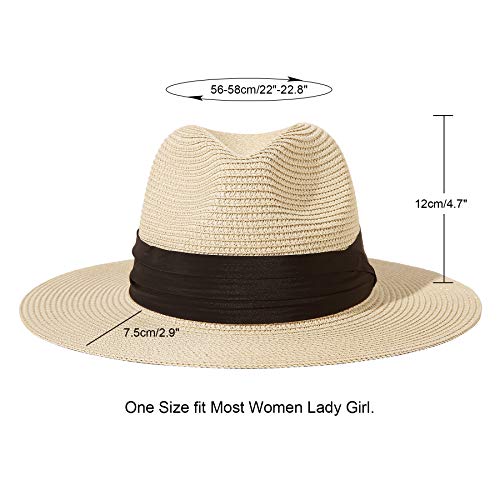 Lanzom Women Wide Brim Straw Panama Roll up Hat Fedora Beach Sun Hat UPF50+ (Khaki) One Size