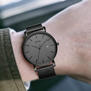 BUREI Men's Fashion Minimalist Wrist Watch All Black Waterproof Watches Simple Ultra Thin Watches Analog Quartz Date with Stainless Steel Mesh Band