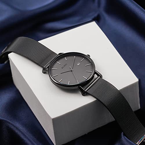 BUREI Men's Fashion Minimalist Wrist Watch All Black Waterproof Watches Simple Ultra Thin Watches Analog Quartz Date with Stainless Steel Mesh Band