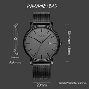 BUREI Men's Fashion Minimalist Wrist Watch All Black Waterproof Watches Simple Ultra Thin Watches Analog Quartz Date with Stainless Steel Mesh Band