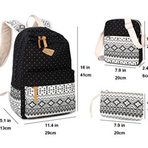 Goldwheat Canvas Print Backpack Cute Teen Backpacks for Girls School Bag with Lunch Bag