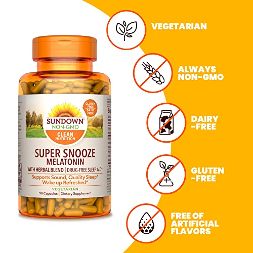 Sundown Super Snooze Melatonin 5mg Plus Herbal Blend, Supports Sound, Quality Sleep, 90 Capsules