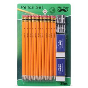 mr. pen- pencils with sharpener and eraser, 24 pencils, 2 metal pencil sharpeners, 2 erasers, pencils and sharpener, pencil and sharpener set, school supplies, pencil with sharpener, erasers for kids