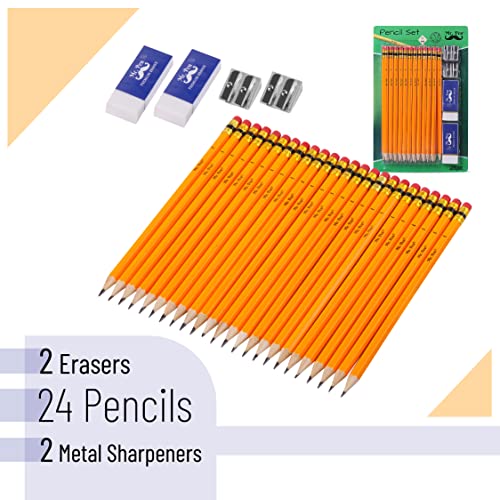 Mr. Pen- Pencils with Sharpener and Eraser, 24 Pencils, 2 Metal Pencil Sharpeners, 2 Erasers, Pencils and Sharpener, Pencil and Sharpener Set, School Supplies, Pencil with Sharpener, Erasers for Kids