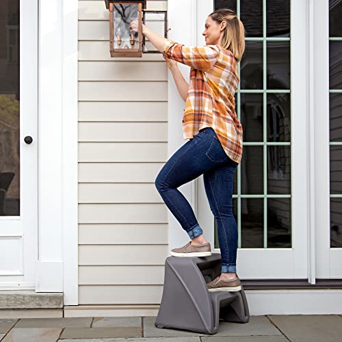 Simplay3 Handy Home Step Stool Plastic Two-Step Stool Seat - Indoor or Outdoor Use - 15.5" x 19" x 16" - Gray, Made in USA