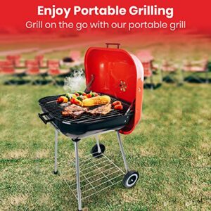 Alpine Cuisine Premium 22x25in Charcoal BBQ Grill Square for Outdoor Cooking, Barbecue Coal Kettle Bowl Grill Portable Heavy Duty Round with Legs Grilling for Tailgating Patio Backyard Camping - Red