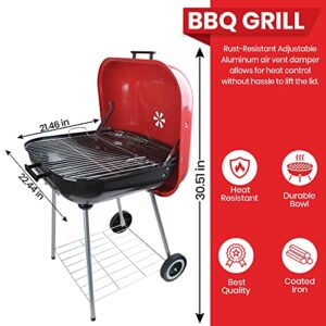 Alpine Cuisine Premium 22x25in Charcoal BBQ Grill Square for Outdoor Cooking, Barbecue Coal Kettle Bowl Grill Portable Heavy Duty Round with Legs Grilling for Tailgating Patio Backyard Camping - Red