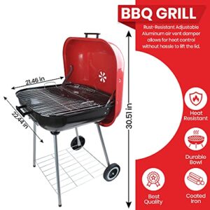 Alpine Cuisine Premium 22x25in Charcoal BBQ Grill Square for Outdoor Cooking, Barbecue Coal Kettle Bowl Grill Portable Heavy Duty Round with Legs Grilling for Tailgating Patio Backyard Camping - Red