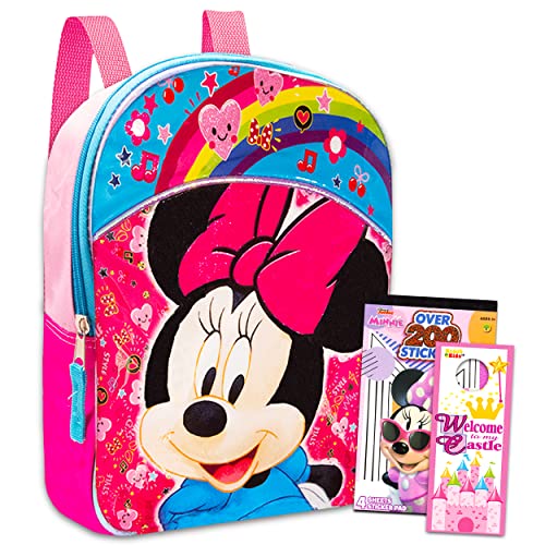 Disney Toddler Minnie Mouse Preschool Backpack Bundle - Deluxe 11 Inch Minnie Mouse Mini Backpack with Over 100 Stickers