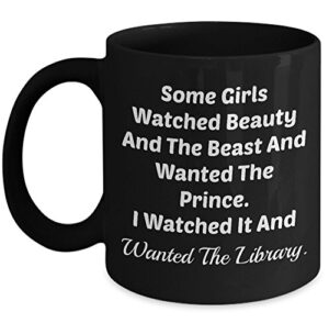 vitazi kitchenware novelty gifts - bookworm mug (black) some girls watched beauty and the beast...wanted the library ceramic coffee cup - gift for book lovers, readers, book nerds (11 oz)