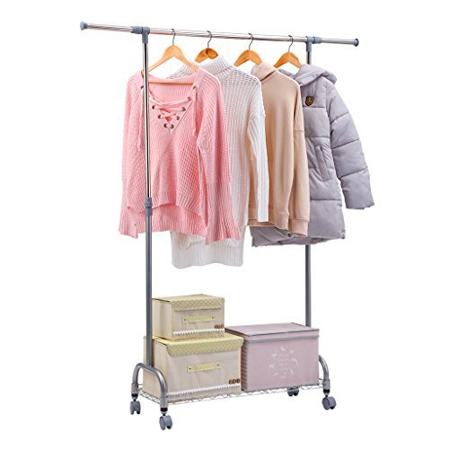 Rackaphile Adjustable Commercial Grade Rolling Garment Rack with Bottom Mesh Shelf and Omni-directional Wheels