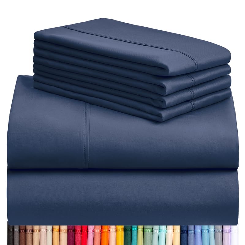 LuxClub 6 PC Queen Sheet Set, Bed Sheets Queen Size, Deep Pockets 18" Eco Friendly Wrinkle Free Cooling Bed Sheets Machine Washable Hotel Bedding Silky Soft - Navy Queen