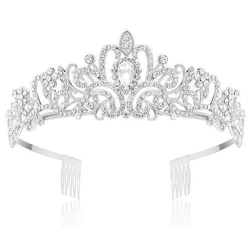 Makone Crystal Queen Crowns and Tiaras with Comb Headband for Women and Girls, Princess Crowns Hair Accessories for Wedding Birthday Halloween Costume Cosplay (01 Silver)