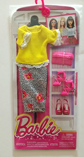 Barbie Complete Fashion Spring is Here Outfit,Yellow Blouse with White Lace-Like Trim and Black and White Skirt with Pink Spring Flowers,Pink Strapped Stilletto Shoes and Matching Envelope Purse