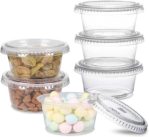 Mr. Miracle Plastic Portion Cups with Lids (250 Count) - 2OZ Translucent Jello Cups, Great for Condiments, Salad Dressings, Souffle, On-the-Go Snacks – Durable, Reusable, Disposable - Made in USA