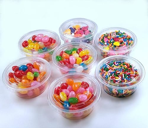 Mr. Miracle Plastic Portion Cups with Lids (250 Count) - 2OZ Translucent Jello Cups, Great for Condiments, Salad Dressings, Souffle, On-the-Go Snacks – Durable, Reusable, Disposable - Made in USA