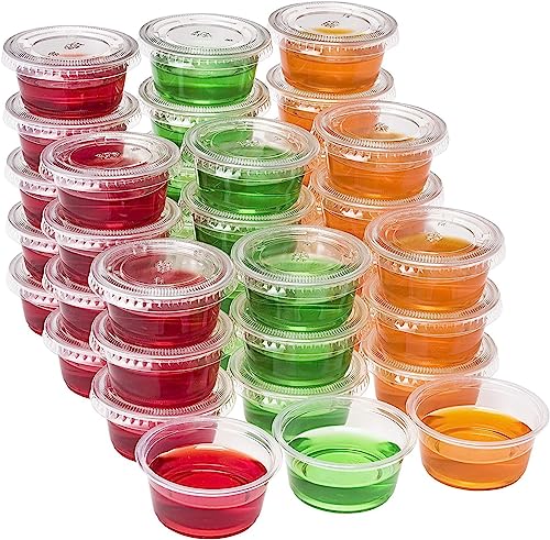 Mr. Miracle Plastic Portion Cups with Lids (250 Count) - 2OZ Translucent Jello Cups, Great for Condiments, Salad Dressings, Souffle, On-the-Go Snacks – Durable, Reusable, Disposable - Made in USA