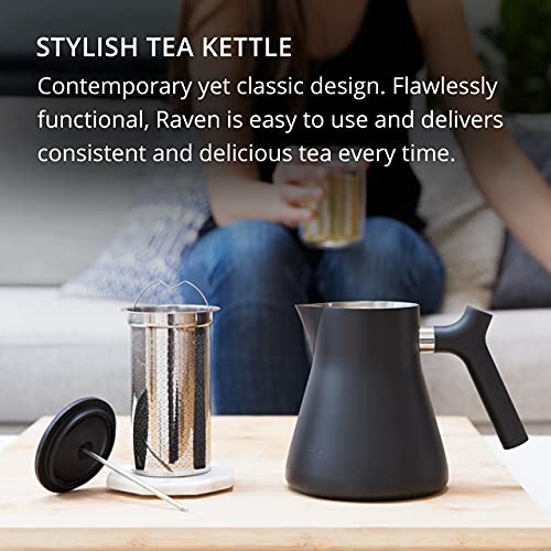 Fellow Raven Stovetop Tea Kettle - Teapot with Integrated Stainless Steel Loose Leaf Tea Infuser and Thermometer, No Whistle Kettles, Matte Black, 1 Liter