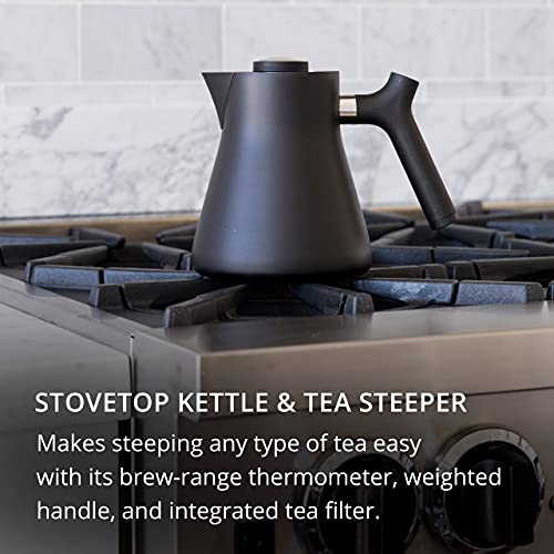 Fellow Raven Stovetop Tea Kettle - Teapot with Integrated Stainless Steel Loose Leaf Tea Infuser and Thermometer, No Whistle Kettles, Matte Black, 1 Liter