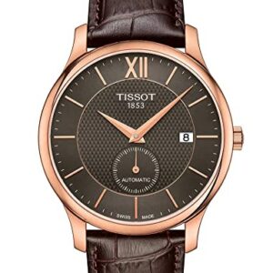 Tissot Mens Tradition Automatic Small Second 316L Stainless Steel case with Rose Gold PVD Coating Automatic Watch, Brown, Leather, 20 (T0634283606800)