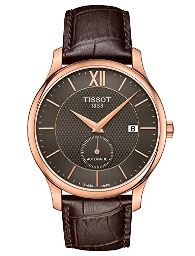 Tissot Mens Tradition Automatic Small Second 316L Stainless Steel case with Rose Gold PVD Coating Automatic Watch, Brown, Leather, 20 (T0634283606800)