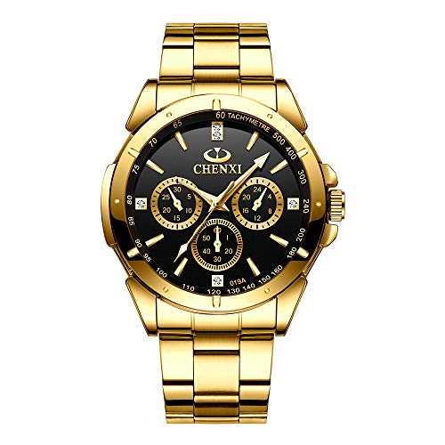 DREAMING Q&P Gold Men's Luxury Wrist Watches for Man,Black Face Stainless Steel Classic Business Golden Series Watch