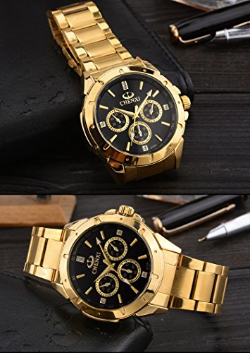 DREAMING Q&P Gold Men's Luxury Wrist Watches for Man,Black Face Stainless Steel Classic Business Golden Series Watch