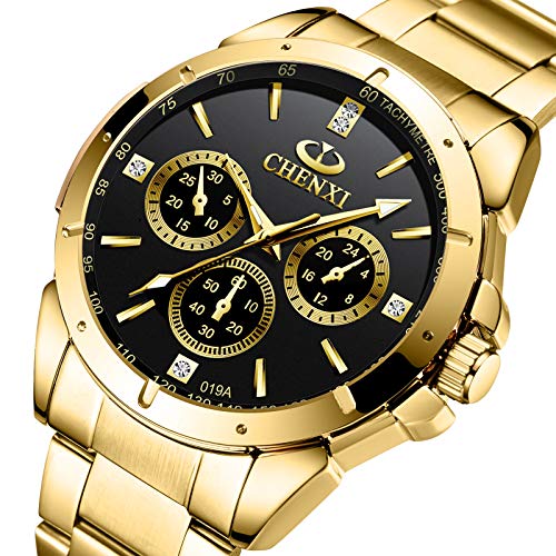 DREAMING Q&P Gold Men's Luxury Wrist Watches for Man,Black Face Stainless Steel Classic Business Golden Series Watch