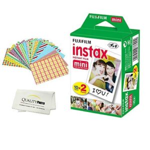 fujifilm instax mini instant film 2 pack - 20 sheets - (white) for fujifilm instax mini 8 & mini 9 cameras + frame stickers and microfiber cloth accessories