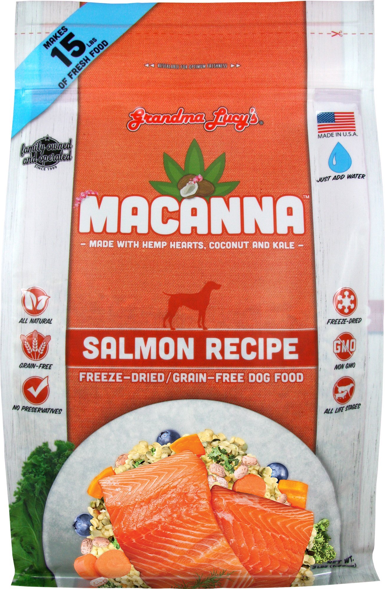 Grandma Lucy's Macanna Dog Food, Grain Free and Freeze-Dried - Salmon Recipe, 3Lb Bag