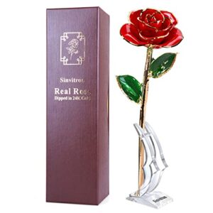 sinvitron red real rose flowers, gold dipped rose, plated real rose with stand & box, gift for mom, mothers day, thanksgiving, birthday, anniversary, wedding, valentines day gifts for her