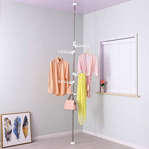 BAOYOUNI Telescopic Laundry Tension Pole Corner Clothes Hanging Drying Rack Floor to Ceiling Jacket Coat Hanger Garment Storage Organizer Stand Space Saving with Adjustable Arms - Ivory