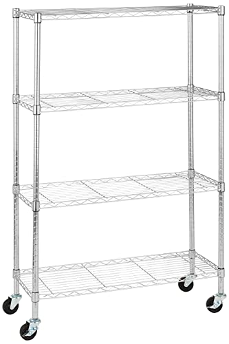 Amazon Basics 4-Shelf Adjustable, Heavy Duty Storage Shelving Unit on 3'' Wheel Casters, Metal Organizer Wire Rack, Chrome, 36" L x 14" W x 57.8" H