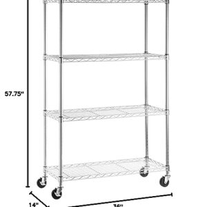 Amazon Basics 4-Shelf Adjustable, Heavy Duty Storage Shelving Unit on 3'' Wheel Casters, Metal Organizer Wire Rack, Chrome, 36" L x 14" W x 57.8" H