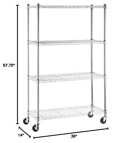 Amazon Basics 4-Shelf Adjustable, Heavy Duty Storage Shelving Unit on 3'' Wheel Casters, Metal Organizer Wire Rack, Chrome, 36" L x 14" W x 57.8" H