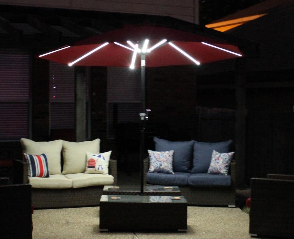 Sun-Ray 811028 9' Round Next Gen 8-Rib Solar Patio Umbrella 32 LED Within Unique Strip Lighting, Crank and Tilt, 9 ft, Scarlet/Red