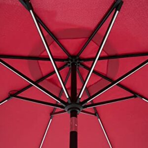 Sun-Ray 811028 9' Round Next Gen 8-Rib Solar Patio Umbrella 32 LED Within Unique Strip Lighting, Crank and Tilt, 9 ft, Scarlet/Red