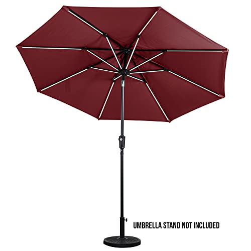 Sun-Ray 811028 9' Round Next Gen 8-Rib Solar Patio Umbrella 32 LED Within Unique Strip Lighting, Crank and Tilt, 9 ft, Scarlet/Red