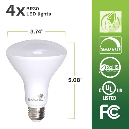 Bioluz LED 4 Pack 90 CRI BR30 LED Bulbs Dimmable 7.5W = 65 Watt Replacement 2700K Warm White 650 Lumen Indoor Outdoor Flood Lights UL Listed Title 20 High Efficacy Lighting (Pack of 4)