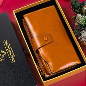 Demon&Hunter Women's RFID Blocking Large Capacity Luxury Wax Genuine Leather Purse Wallet DZA2083 (One Size, Orange)