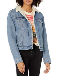 levi's women's original sherpa trucker jackets (standard and plus), divided blue, medium