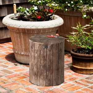 Patio Sense 62420 Elyse Round Rustic Garden Stool Wood Outdoor Seating & End Table Portable Adaptable Outdoor Furniture Ideal for Entertaining, Gardening & Decor - Seasoned Patina Finish