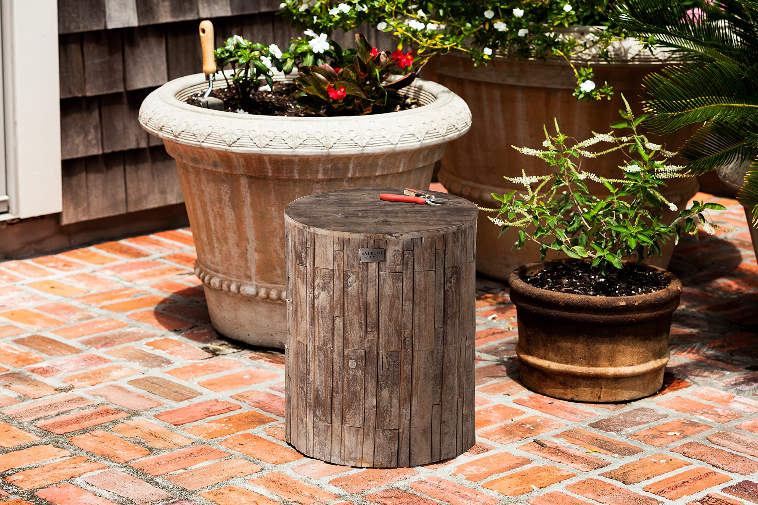 Patio Sense 62420 Elyse Round Rustic Garden Stool Wood Outdoor Seating & End Table Portable Adaptable Outdoor Furniture Ideal for Entertaining, Gardening & Decor - Seasoned Patina Finish