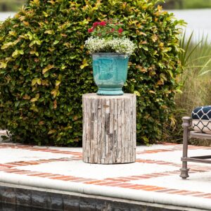 Patio Sense 62420 Elyse Round Rustic Garden Stool Wood Outdoor Seating & End Table Portable Adaptable Outdoor Furniture Ideal for Entertaining, Gardening & Decor - Seasoned Patina Finish