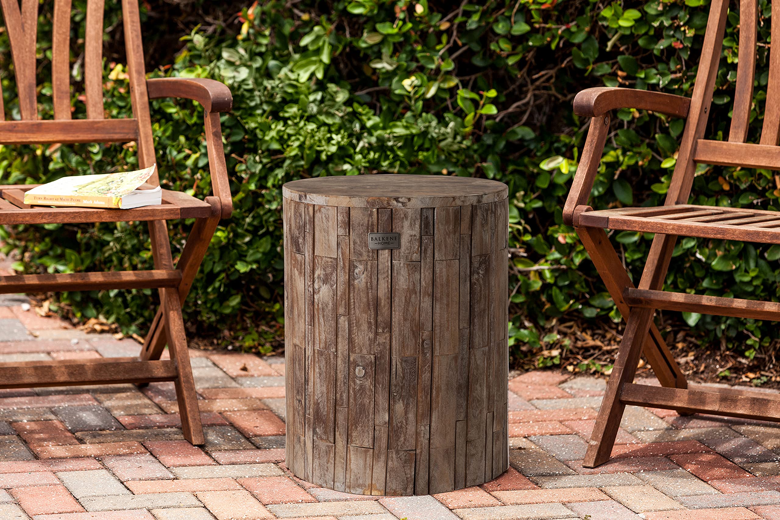 Patio Sense 62420 Elyse Round Rustic Garden Stool Wood Outdoor Seating & End Table Portable Adaptable Outdoor Furniture Ideal for Entertaining, Gardening & Decor - Seasoned Patina Finish