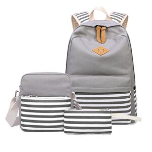 abshoo causal canvas stripe backpack cute lightweight teen backpacks for girls school bag set (grey set)