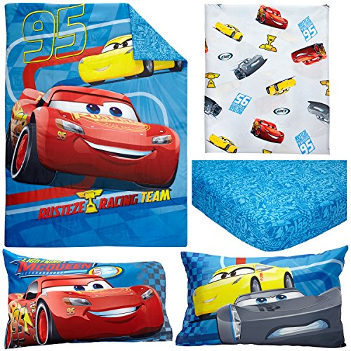 Disney Cars Rusteze Racing Team 4 Piece Toddler Bedding Set, Blue/Red/Yellow/White