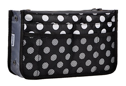 Vercord Purse Organizer Insert for Handbags Bag Organizers Inside Tote Pocketbook Women Nurse Nylon 13 Pockets Black Dot Medium